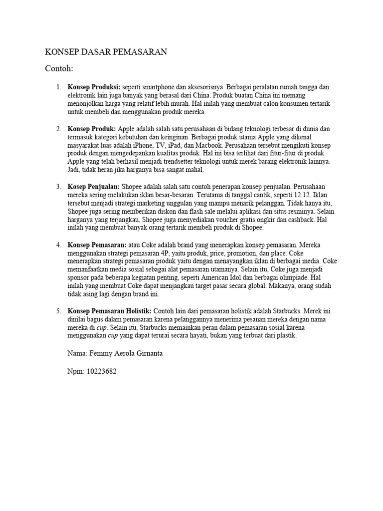 Contoh Konsep Dasar Pemasaran | PDF | Karier & Perkembangan | Bisnis