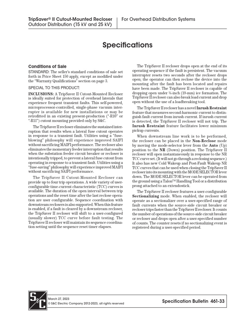 Specification Bulletin 461-33 - TripSaver | PDF Specification Bulletin 461-33 - TripSaver | PDF