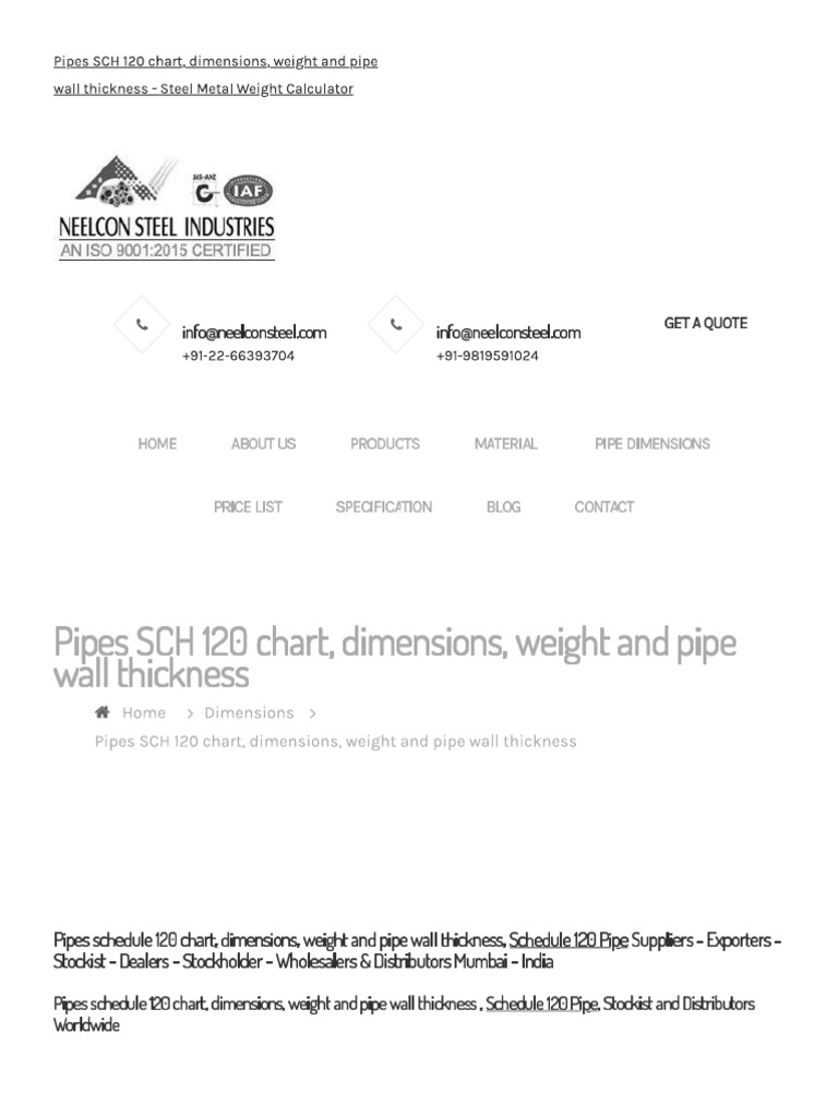 Pipes SCH 120 Chart, Dimensions, Weight and Pipe Wall Thickness | PDF