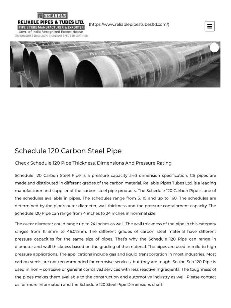 Schedule 120 Carbon Steel Pipe - SCH 120 Steel Pipe Dimensions | PDF