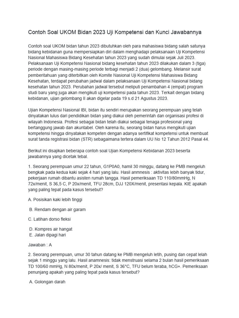 Contoh Soal UKOM Bidan 2023 Uji Kompetensi Dan Kunci Jawabannya | PDF