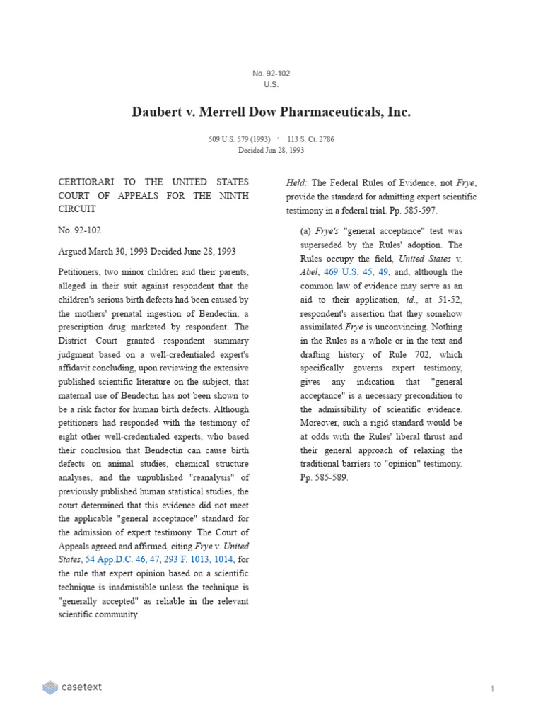 Daubert v. Merrell Dow Pharmaceuticals, Inc | PDF