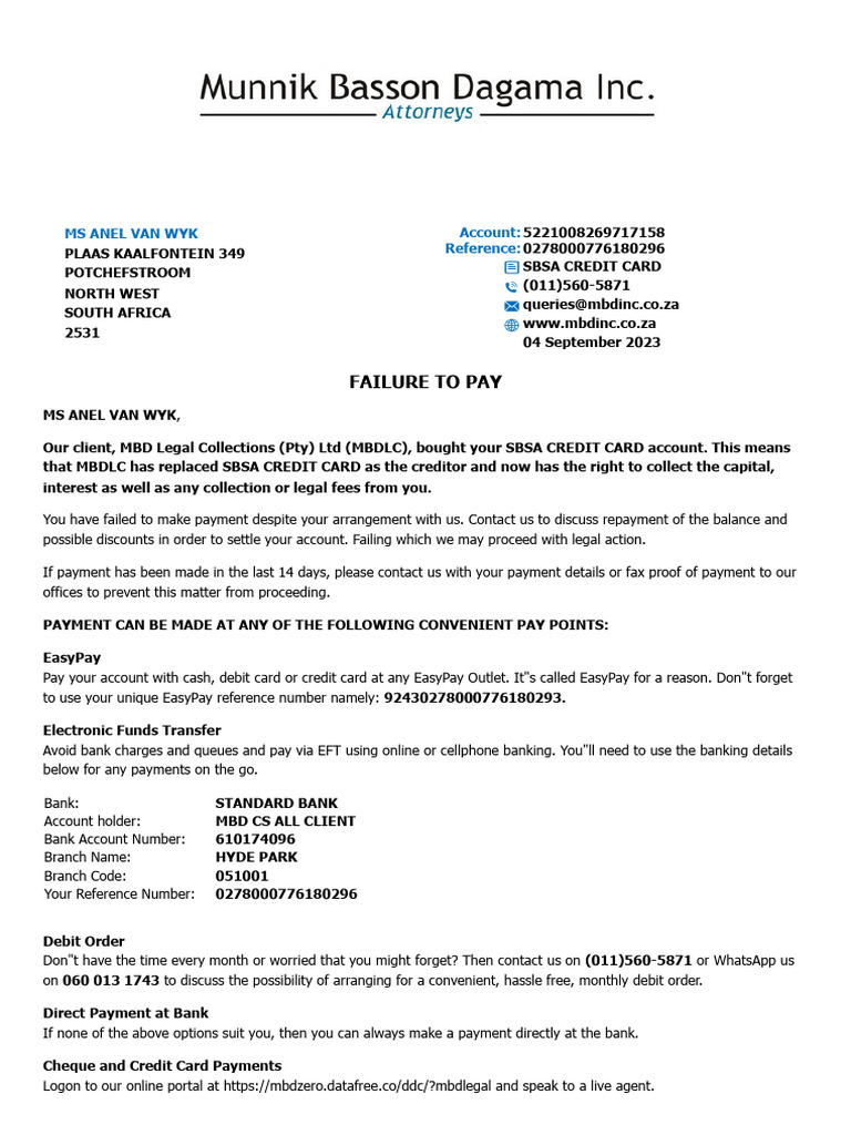 MBD Legal Collections Notice to Anel Van Wyk | PDF