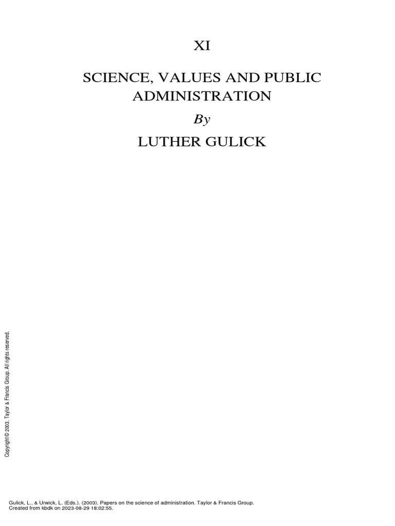 Papers On The Science of Administration - XI. Science Values and Public ...