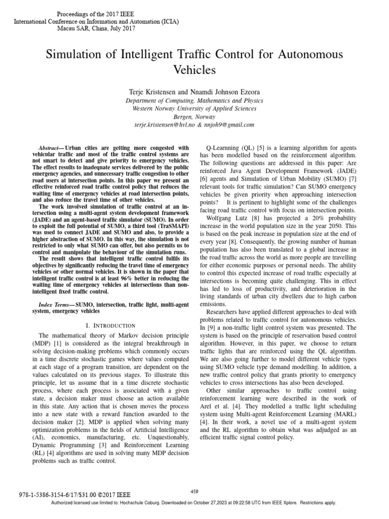 Simulation Of Intelligent Traffic Control For Autonomous Vehicles Pdf Traffic Simulation 