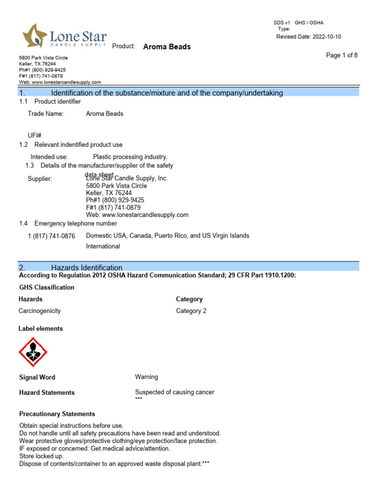Aroma Beads Msds 1 | PDF