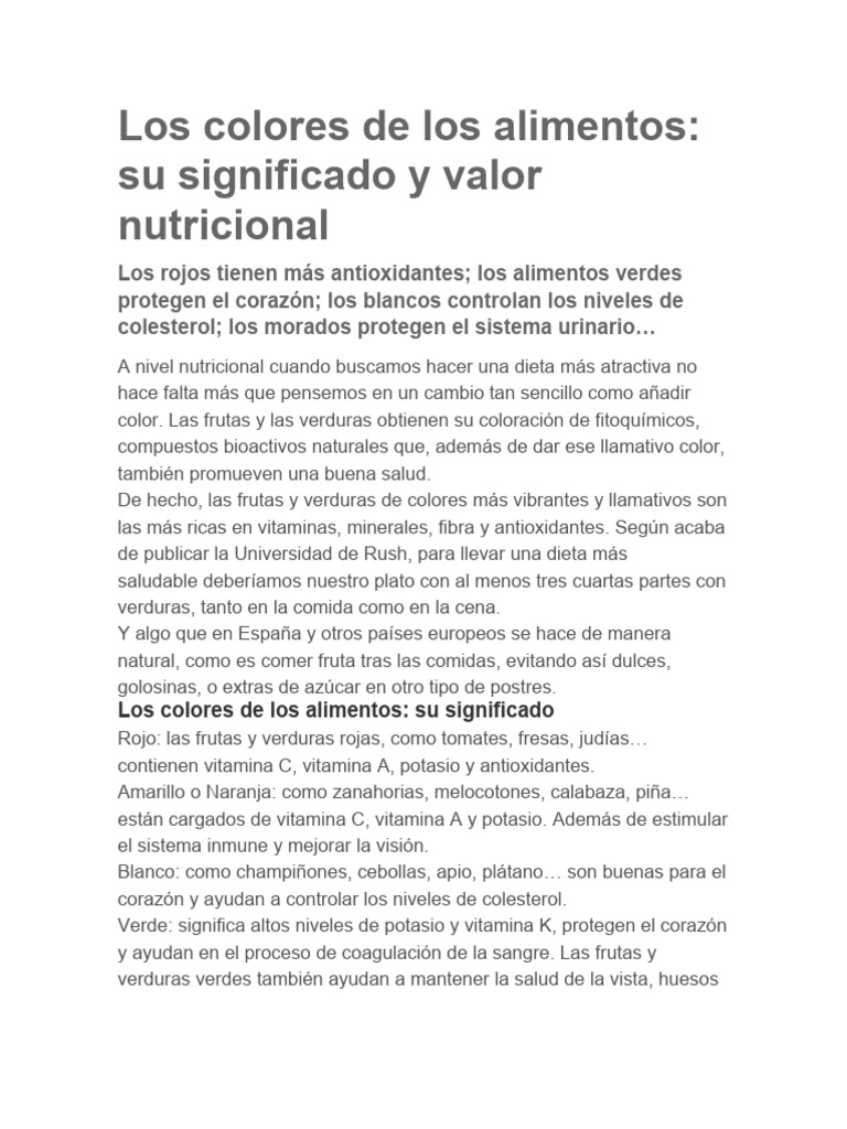 Colores de alimentos y su valor nutricional | PDF | Salud y bienestar