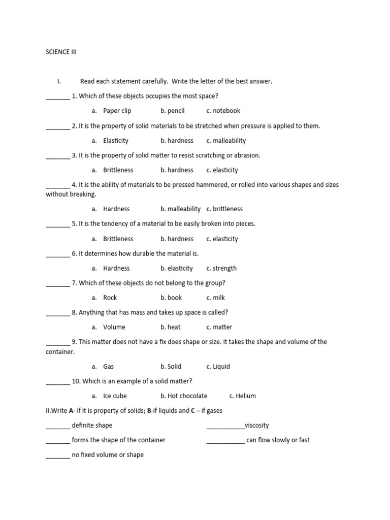 Science III: Properties of Matter Quiz | PDF | Liquids | Solid
