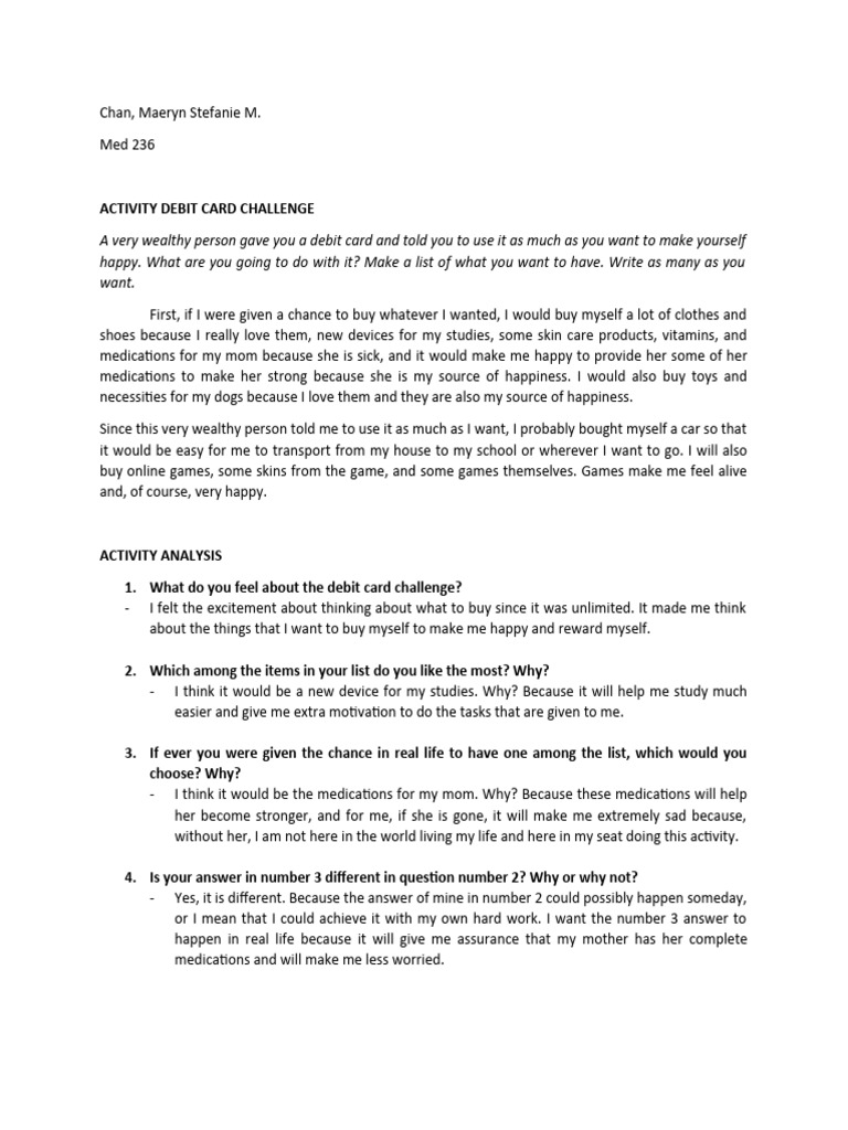 Debit Card Challenge Reflections | PDF