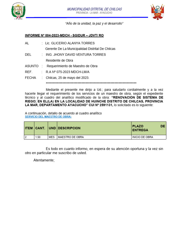 Informe N°004 Req. Maestro de Obra Huinche | PDF