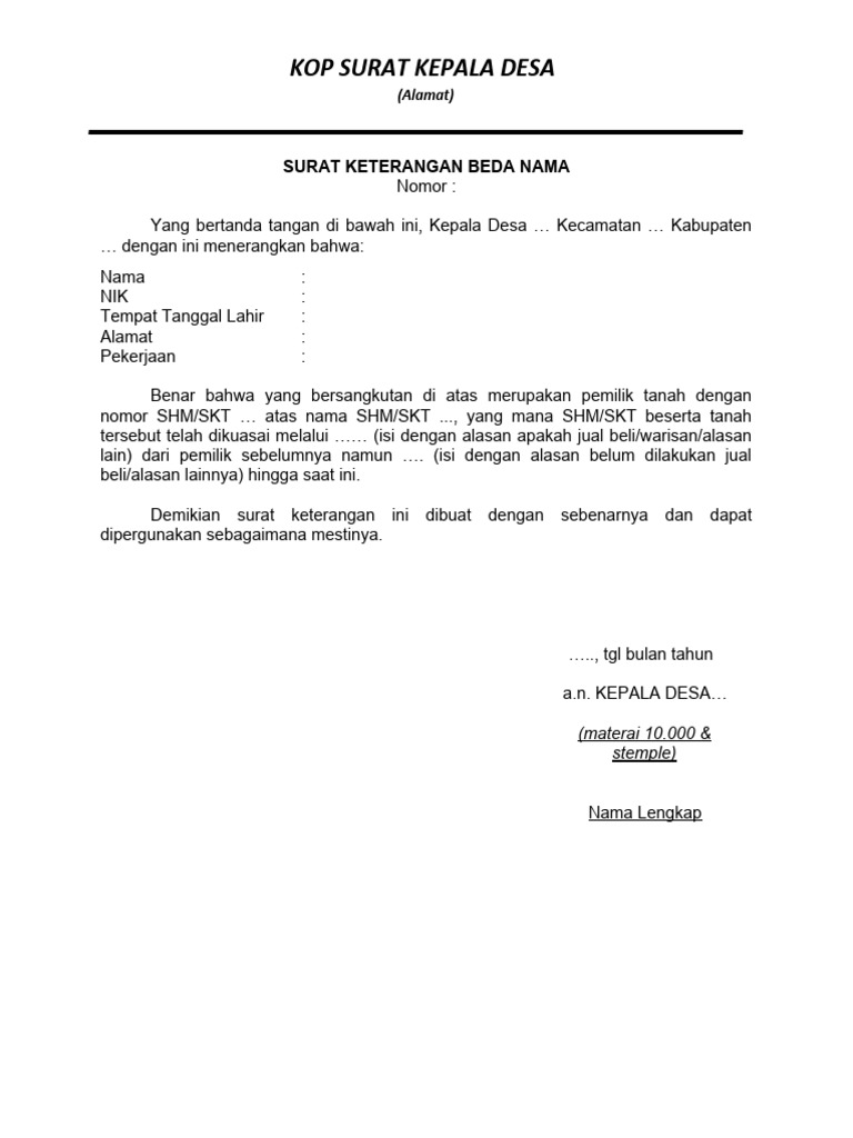 Surat Keterangan Beda Nama Lahan | PDF