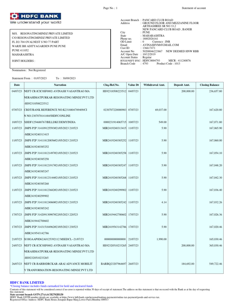 Date Narration Chq./Ref - No. Value DT Withdrawal Amt. Deposit Amt ...
