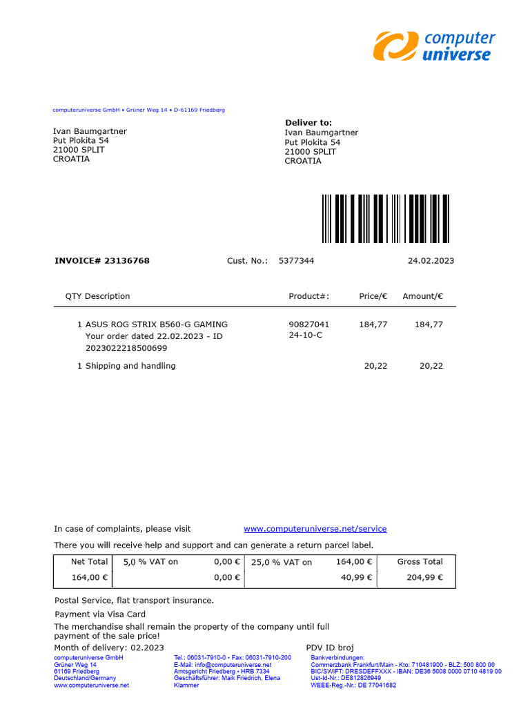 Deliver To:: Computeruniverse GMBH - Grüner Weg 14 - D-61169 Friedberg ...