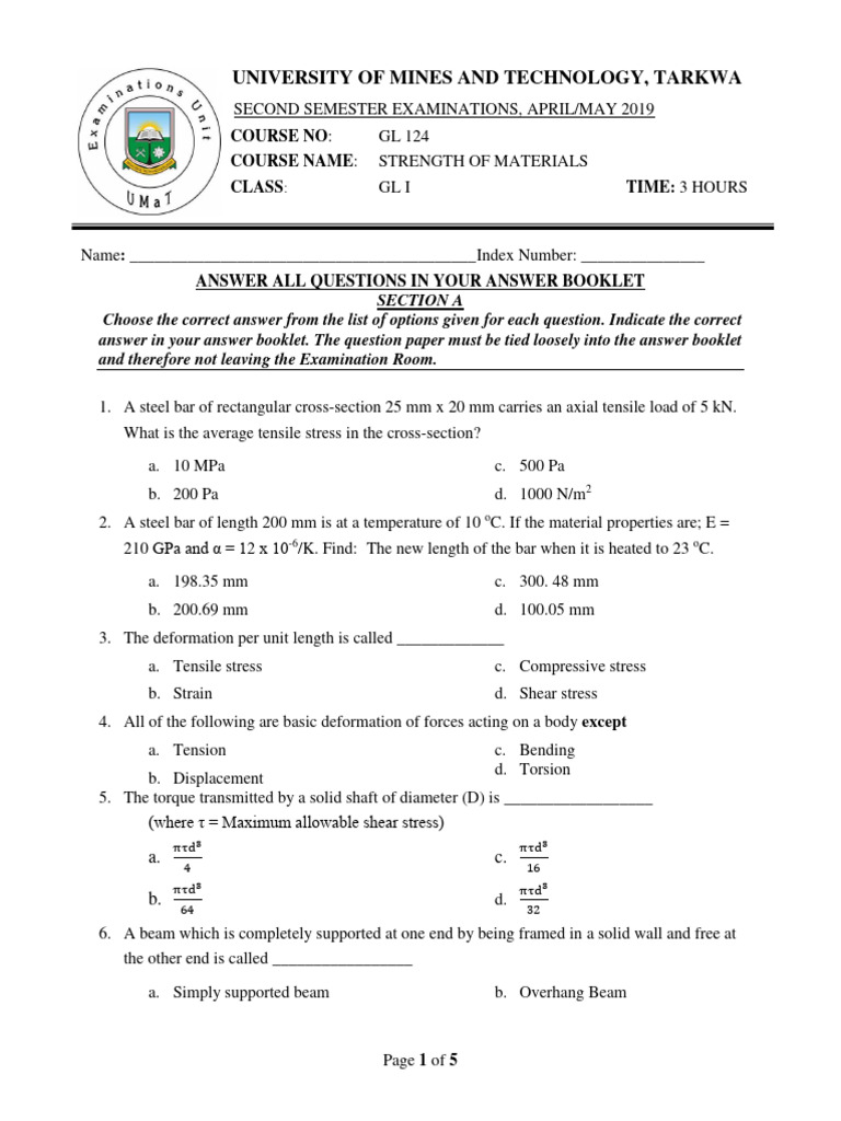 Exams 2019 | PDF | Stress (Mechanics) | Bending