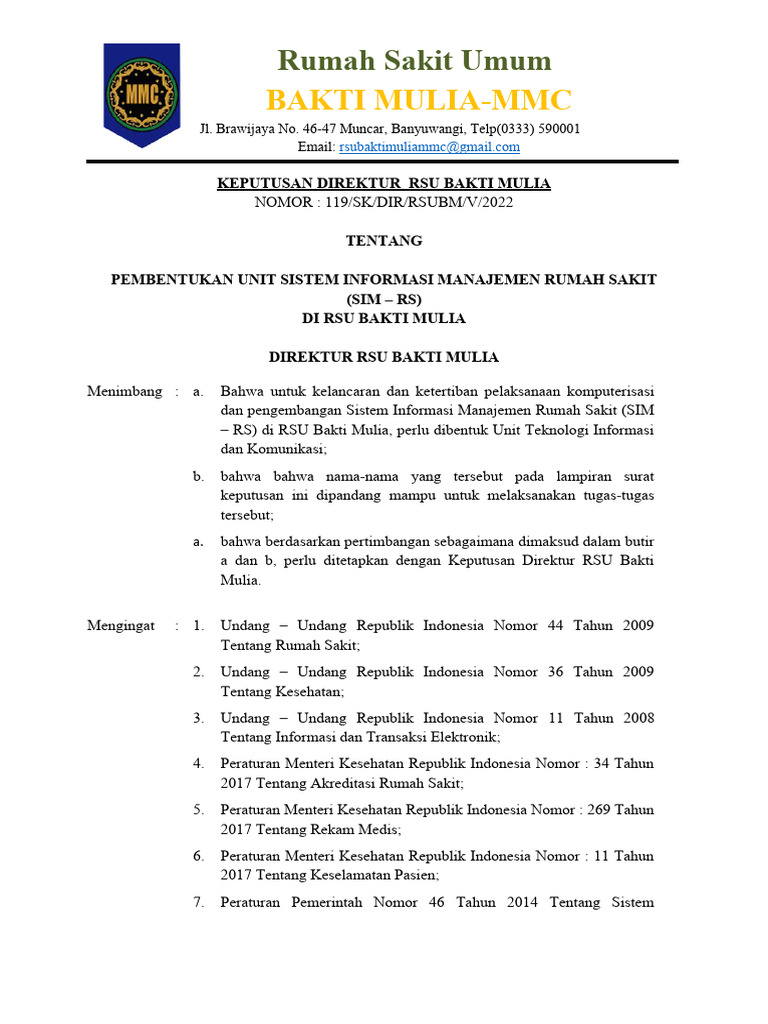 Ep 1 SK Struktur Organisasi Simrs | PDF