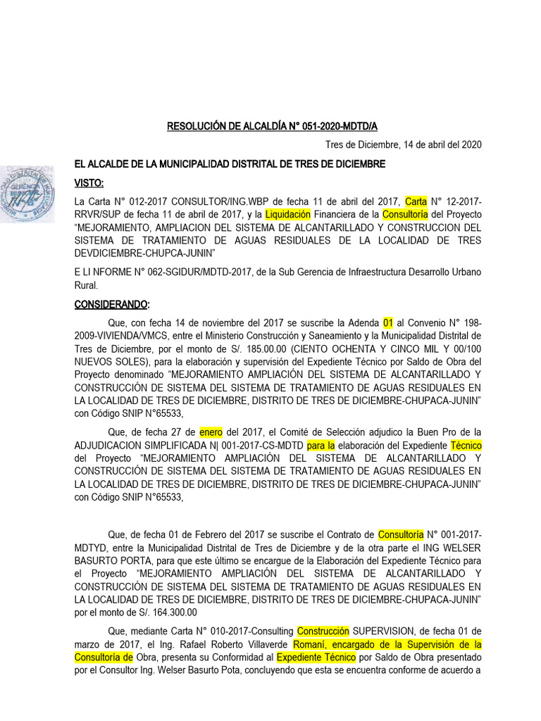 RESOLUCIÓN ELABOARACIÓN EXP. TÉC. (1) | PDF | Alcantarillado