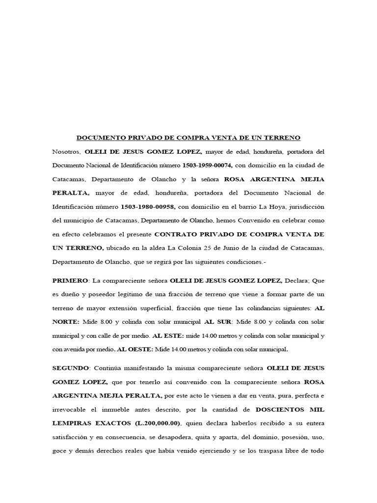 Documento Privado de Compra Venta de Un Terreno | PDF | Propiedad | Honduras