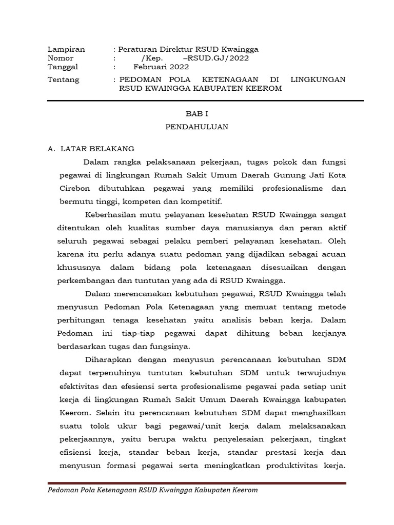 Pedoman Pola Ketenagaan Dan Perhitungan Kebutuhan Peg Rsudgj | PDF