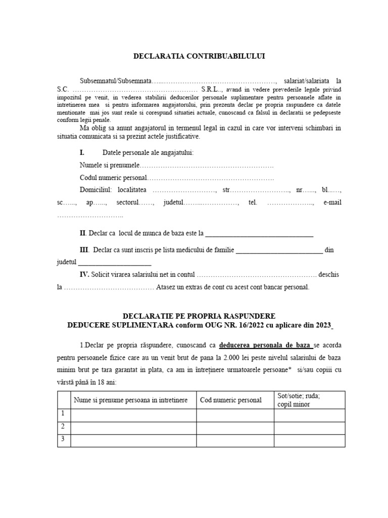 DECLARATIA Contribuabilului Din 2023 | PDF