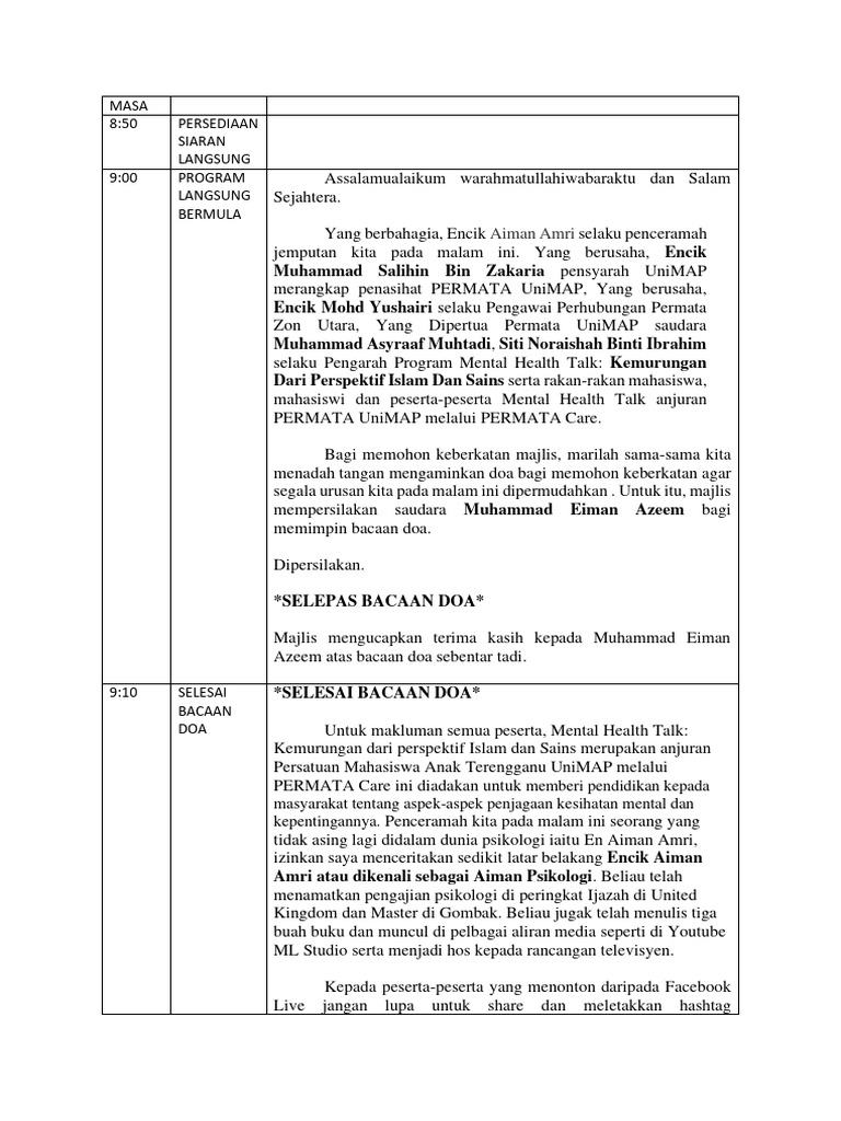 Skrip MC Mental Health Talk (Edited) | PDF