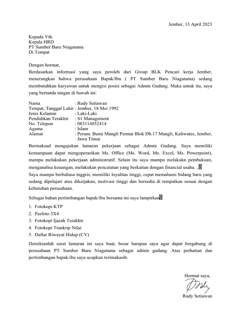Lamaran Pekerjaan Admin Gudang Rudy Setiawan | PDF | Karier & Perkembangan | Bisnis