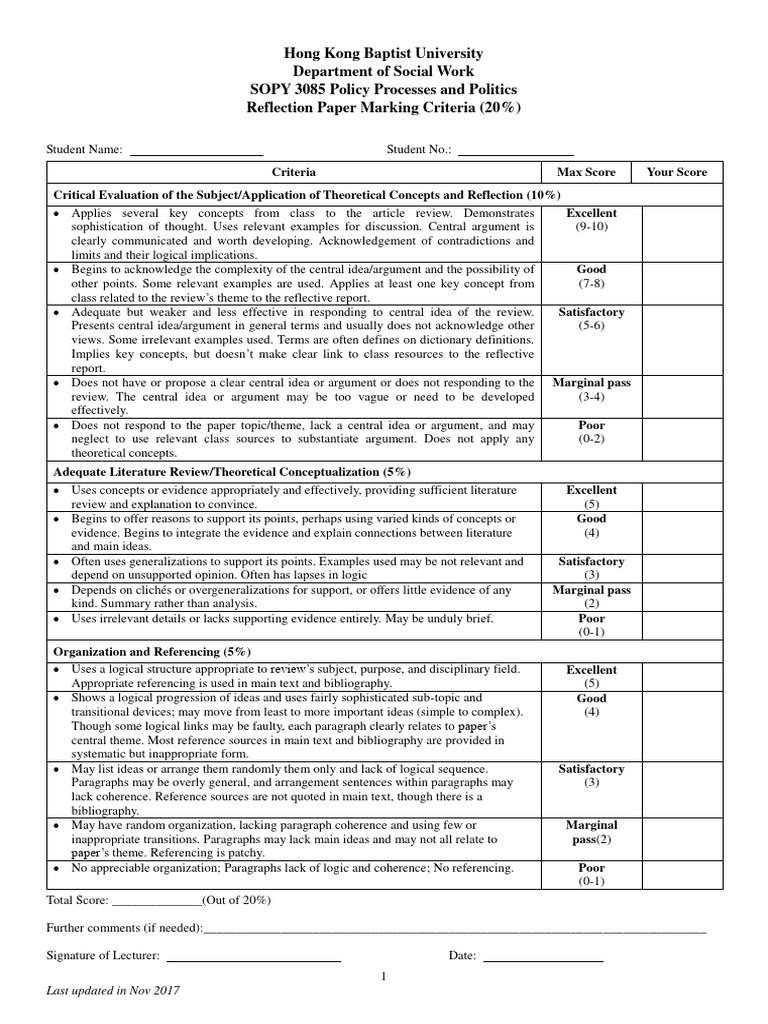 SOPY3085 Rubrics - Reflection Paper | PDF | Idea | Concept