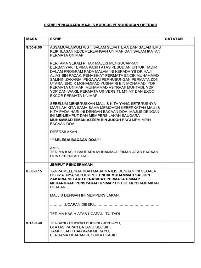 Skrip Pengacara Majlis Kursus Pengurusan Operasi Majlis Penutup | PDF