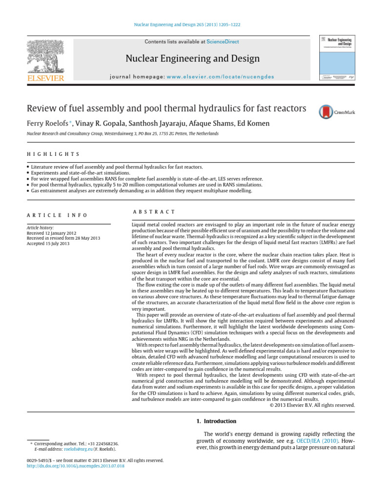 Review of Fuel Assembly and Pool Thermal Hydraulics For Fast Reactors | PDF