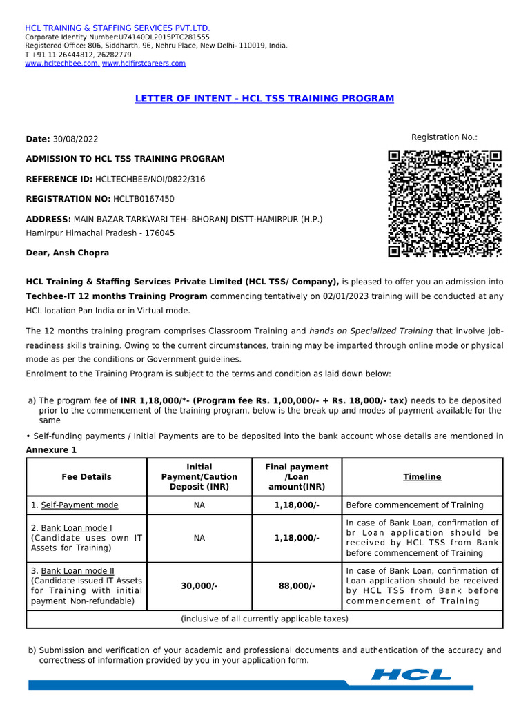 HCL Techbee Offer Letter HCLTB0167450 | PDF