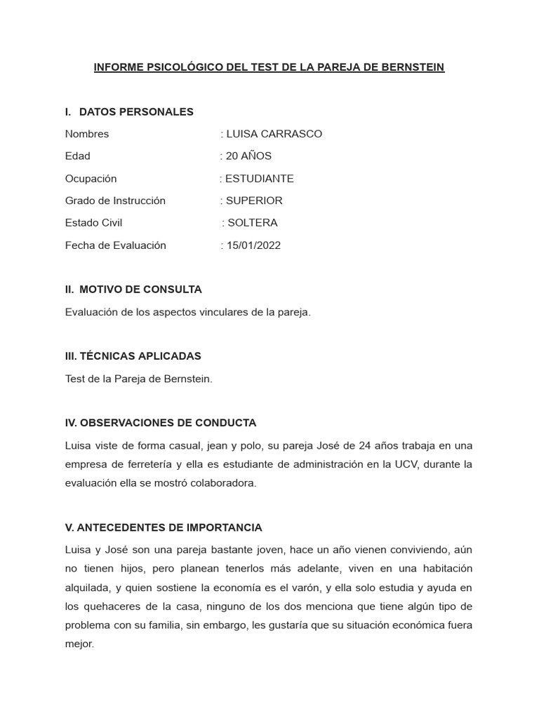 Informe Psicológico Del Test de La Pareja de Bernstein | PDF | Hombre