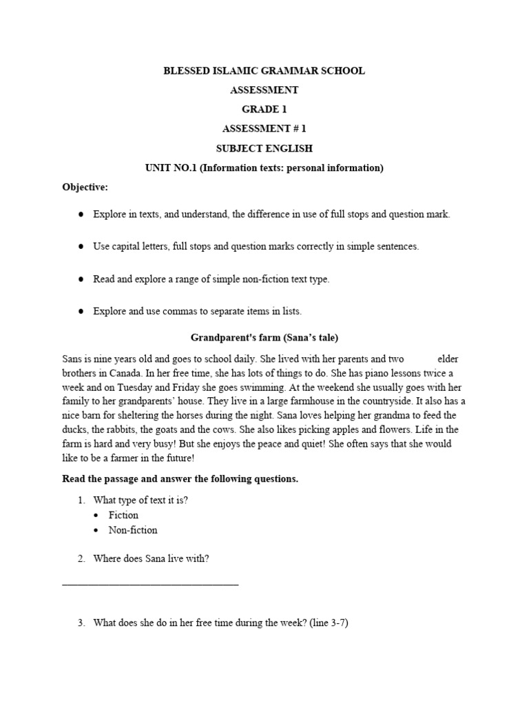 Blessed Islamic Grammar School English Test of Grade One | PDF ...