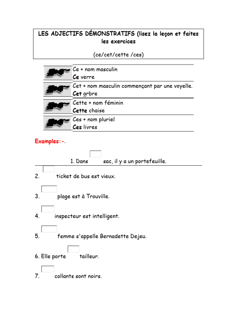 Les Adjectifs Demonstratifs Exercice Grammatical Feuille Dexercices ...