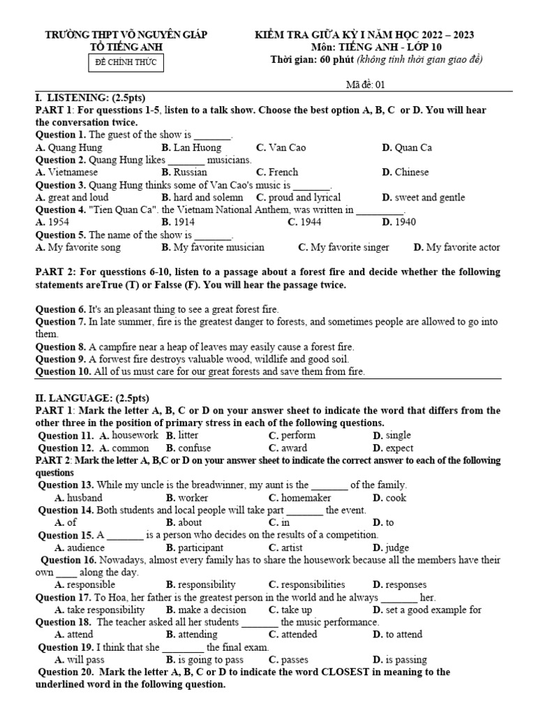 De Giua Ki 1 Tieng Anh 10 Nam 2022 2023 Truong THPT Vo Nguyen Giap Quang Nam | PDF | Pain ...