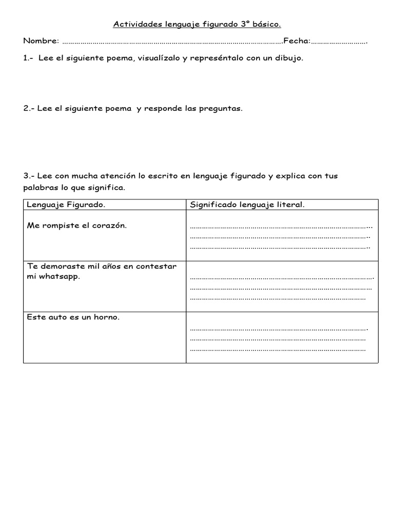Actividades de Lenguaje Figurado 3° Básico | PDF | Juegos y actividades ...