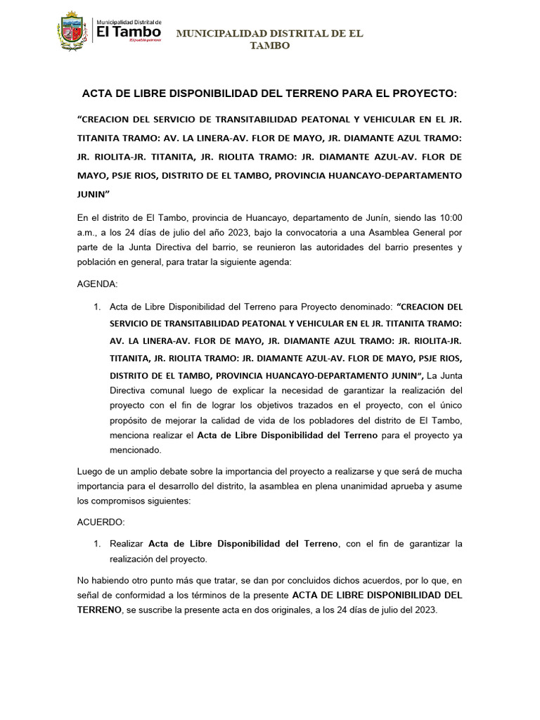 Acta de Libre Disponibilidad Del Terreno Parques | PDF