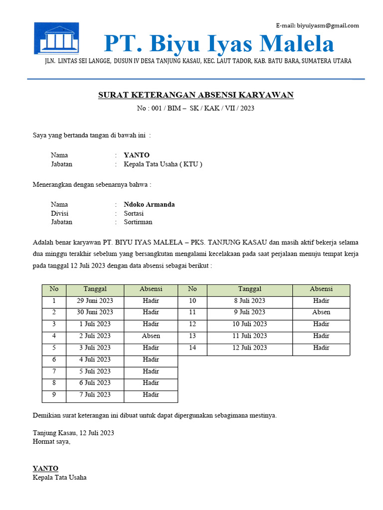 Surat Keterangan Absensi Karyawan | PDF