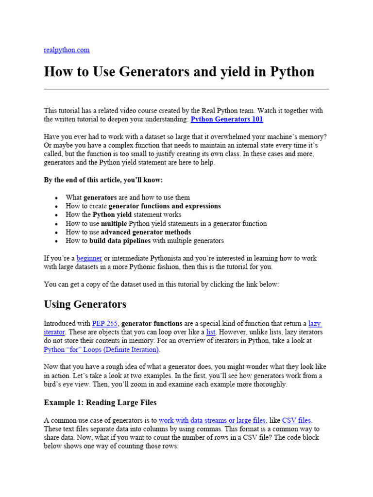 How To Use Generators and Yield in Python | PDF | Control Flow | Python ... How To Use Generators and Yield in Python | PDF | Control Flow | Python ...