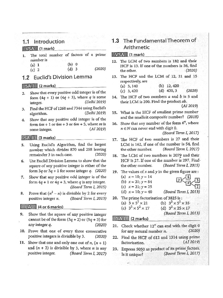 Class 10 REAL NUMBERS LAST 10 YEARS PYQ'S | PDF