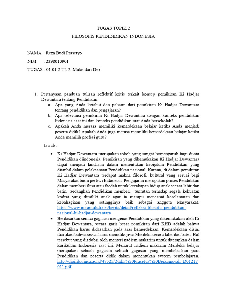 Tugas Topik 2 Mulai Diri - Reza Budi Prasetyo | PDF | Pengembangan Diri | Sains & Matematika