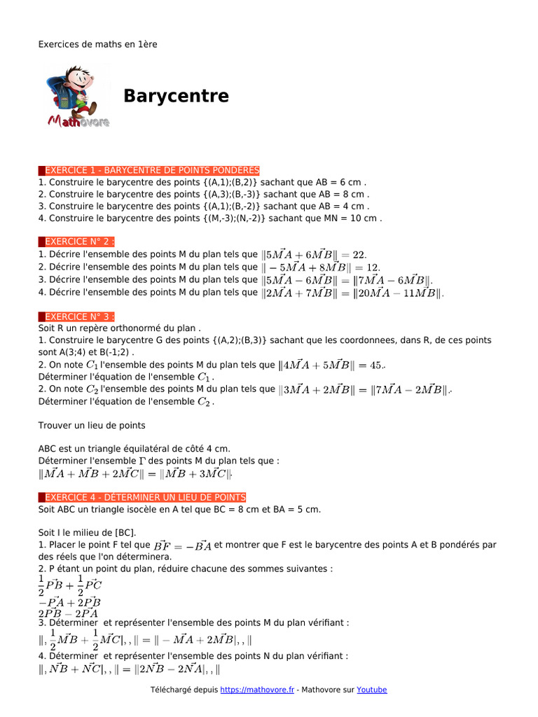Barycentre Exercices en 1ere de Maths Corriges A Imprimer en PDF | PDF ...