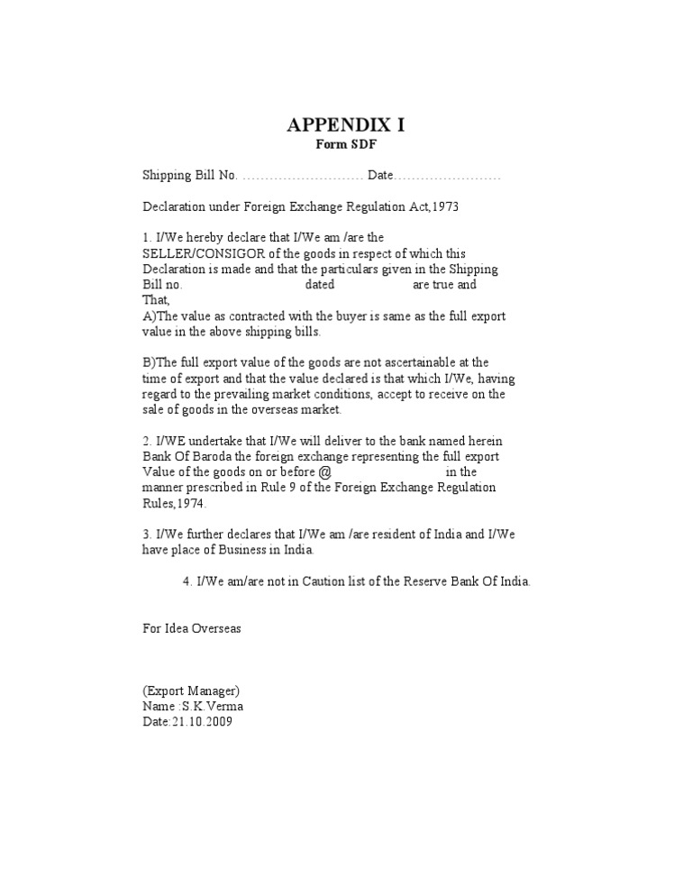 Export Declaration Form SDF Template | PDF