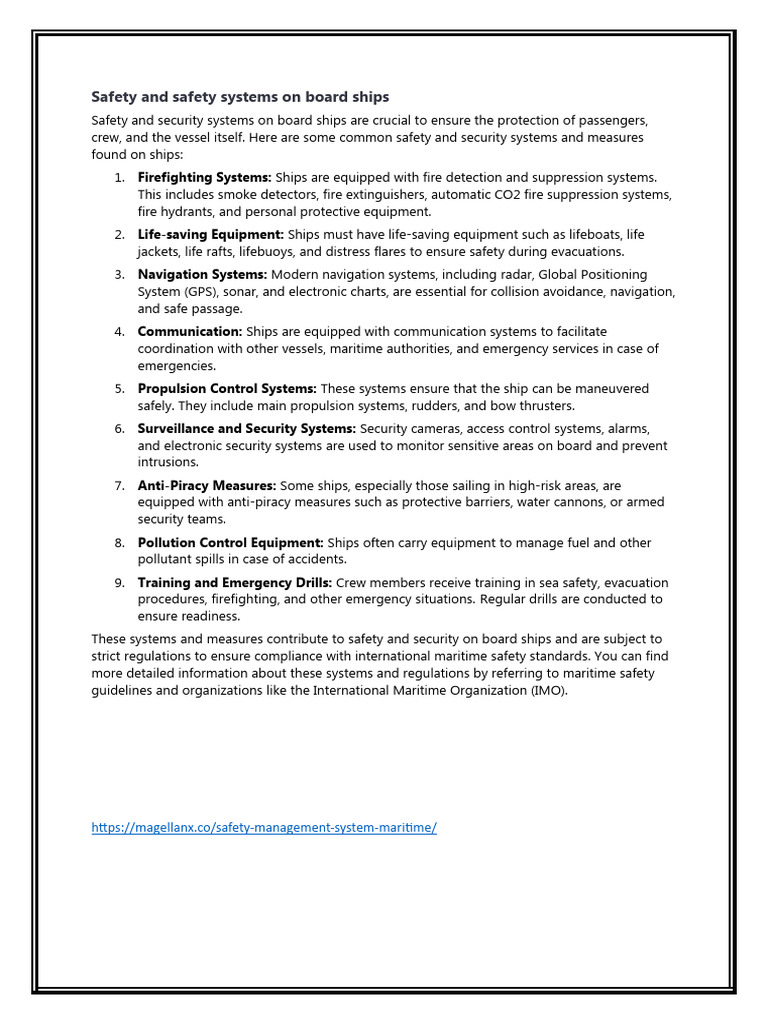 Safety and Safety Systems On Board Ships | PDF | Ships | Transport