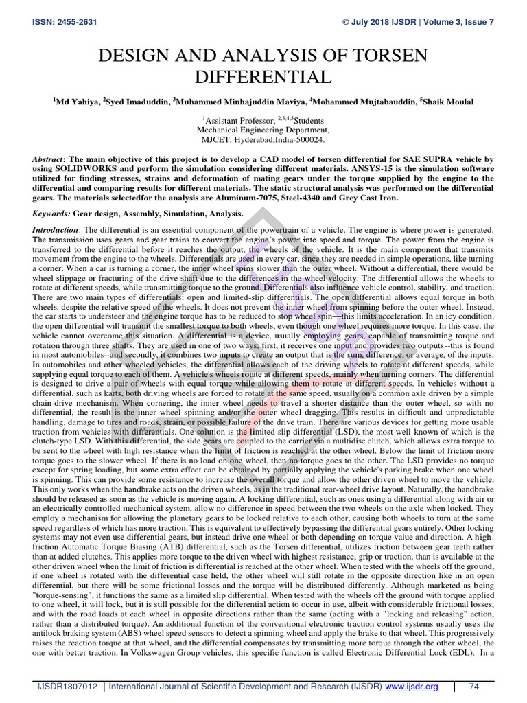 Torsen Differential Design and Analysis | PDF