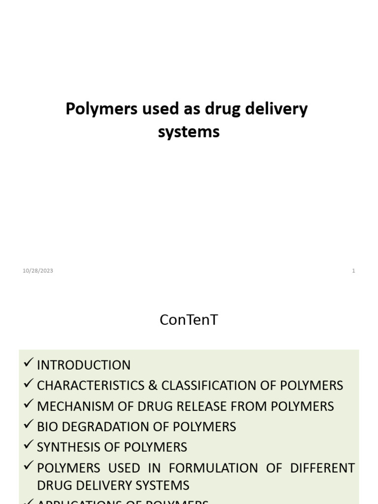 Polymers Used As Drug Delivery Systems | PDF | Polymers | Hydrolysis