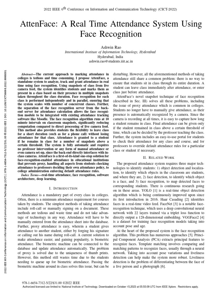 Attenface A Real Time Attendance System Using Face Recognition Pdf Biometrics Databases