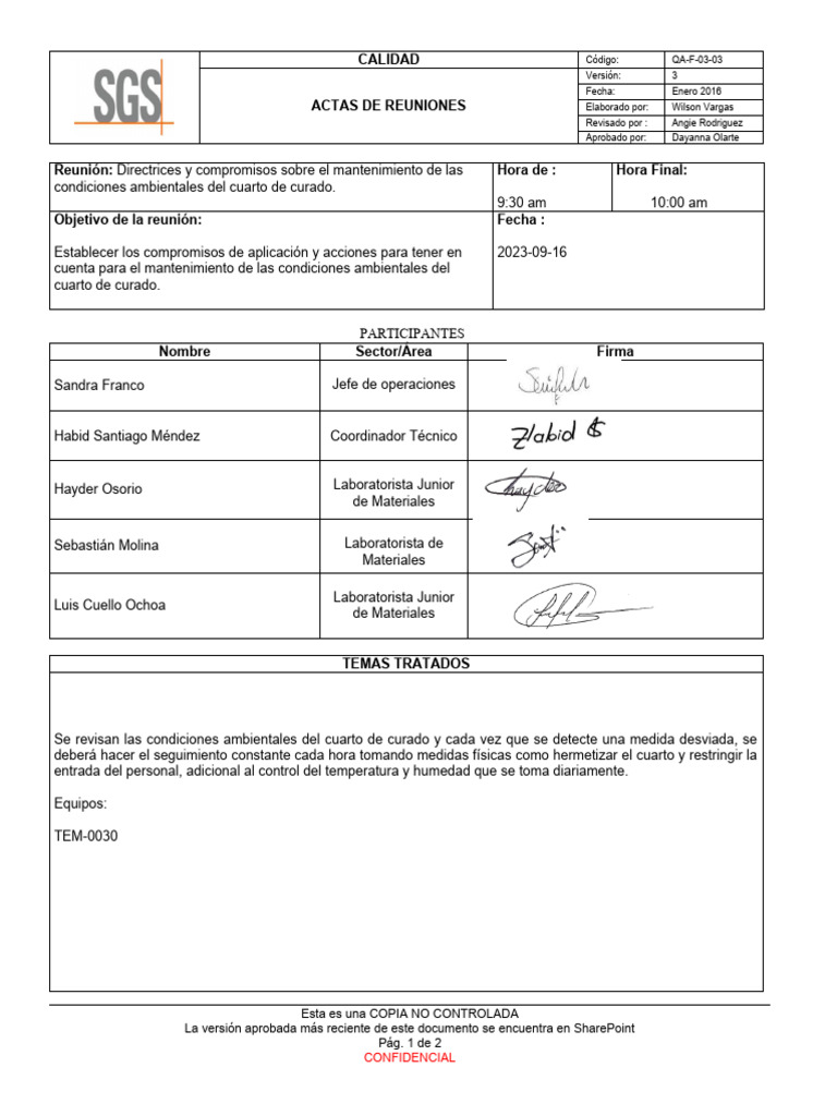 QA-F-03-03 Actas de Reunión Resultados Laboratoristas | PDF