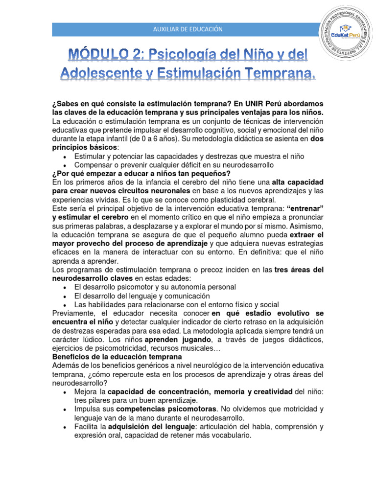 MODULO 2 - Psicologia del Niño y del Adolescente y Estimulacion Temprana. | PDF | Desarrollo ...