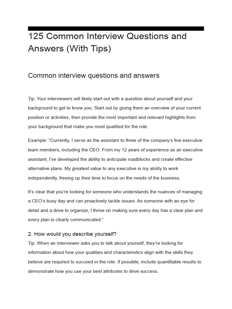 125 Common Interview Questions And Answers With Tips Download Free Pdf Experience Learning