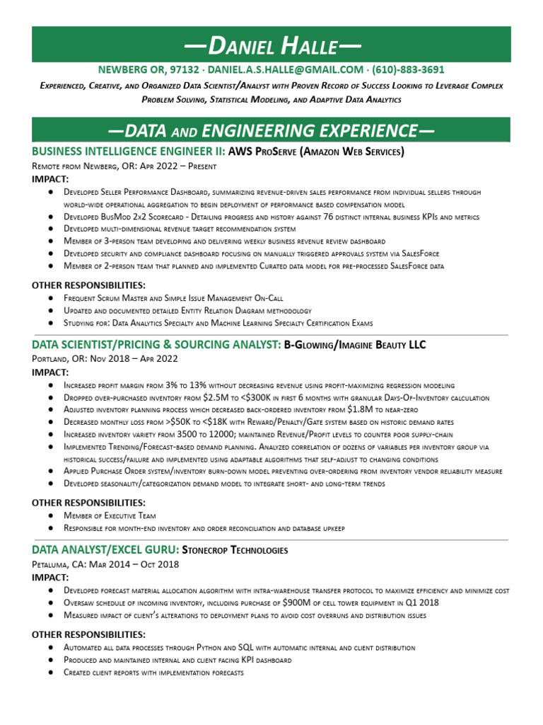 Dice Resume CV Daniel Halle | PDF
