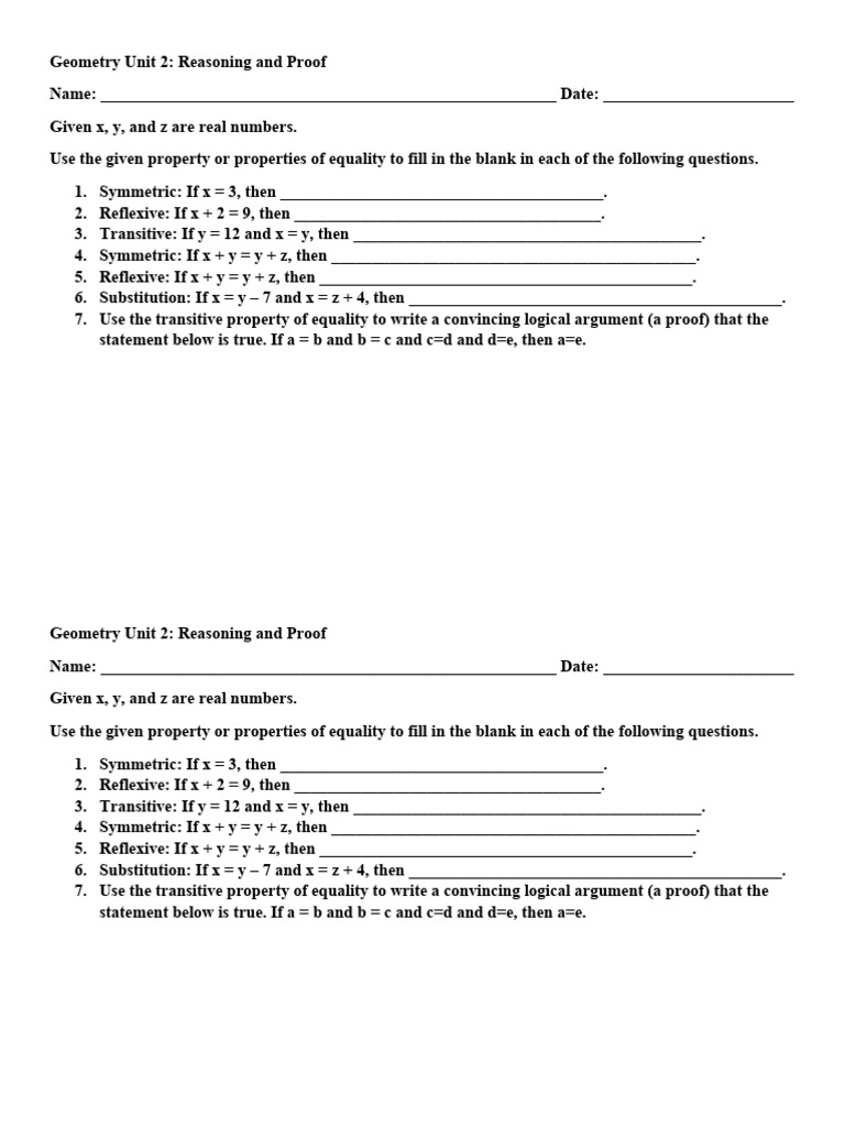 Properties of Equality Worksheet | PDF | Mathematical Proof | Logic